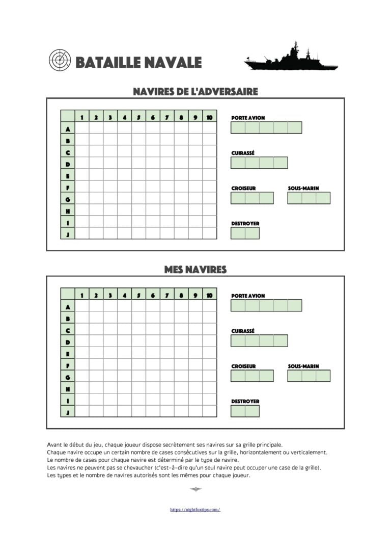 Grilles de bataille navale à imprimer gratuitement
